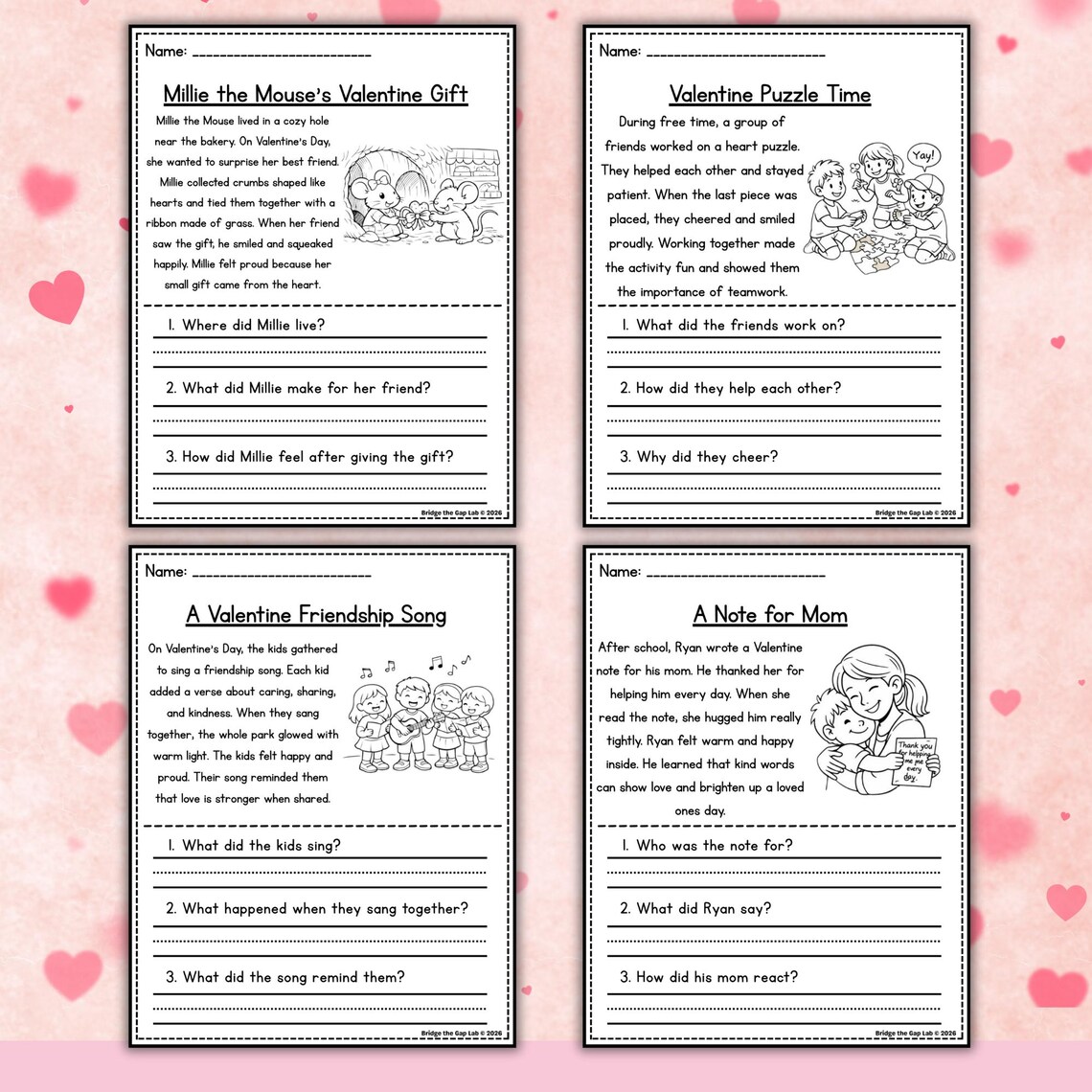 Valentine Reading Comprehension Worksheets Grade 1–3 Valentine Stories ...