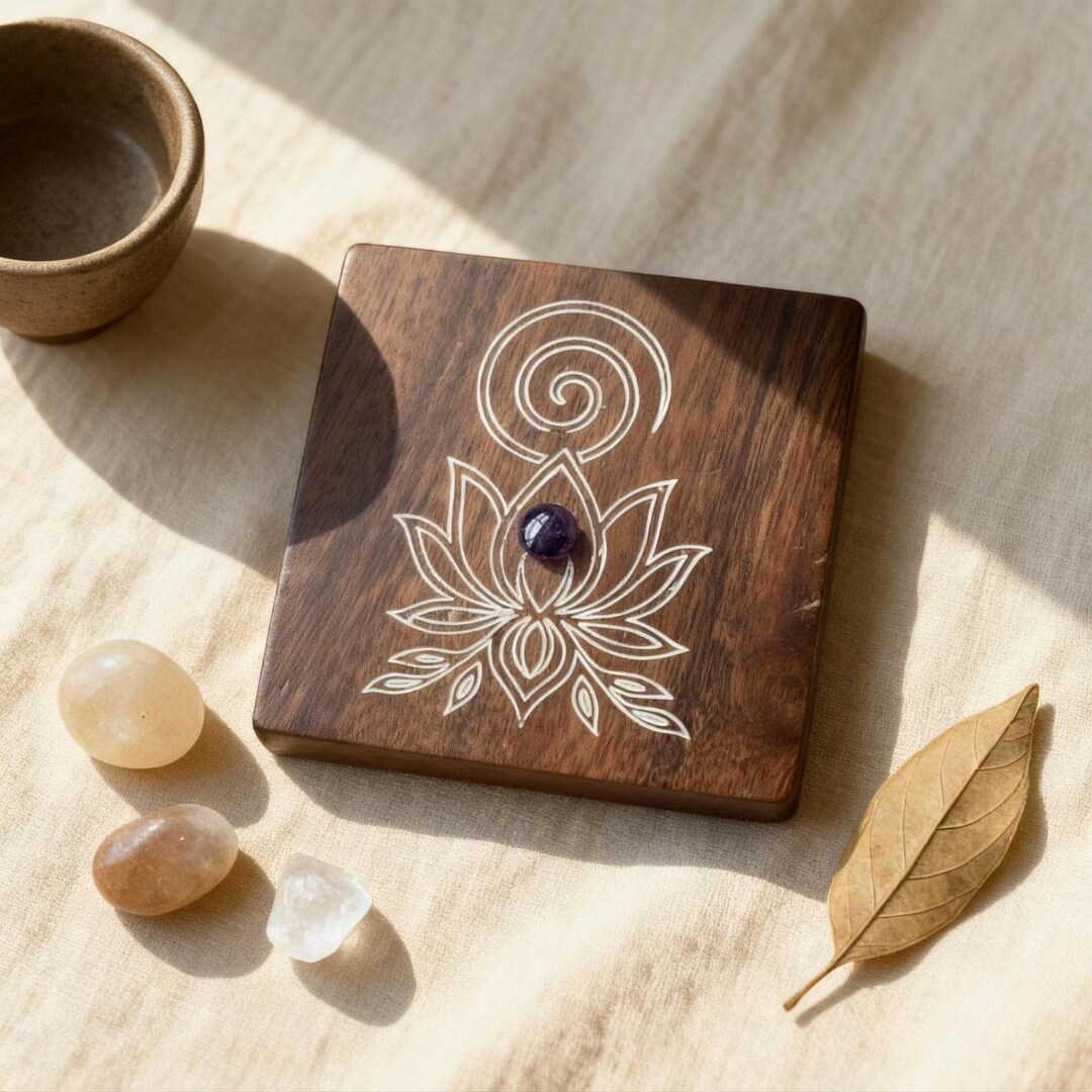 Handmade Lotus Crystal Grid – Walnut Wood Amethyst Meditation Decor - Etsy