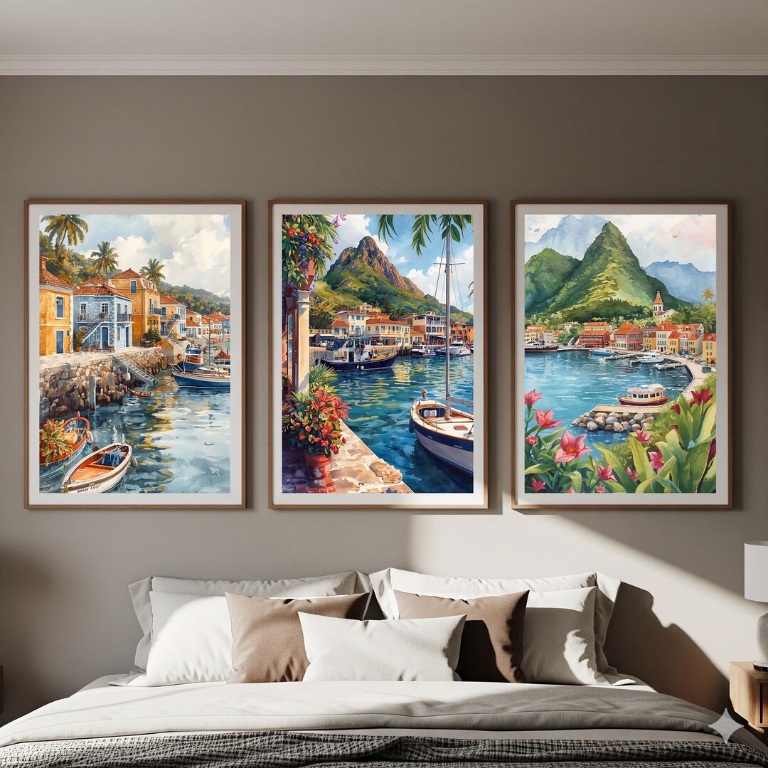 Coastal Wall Art Set of 3, Watercolor Harbor Prints, Mediterranean ...