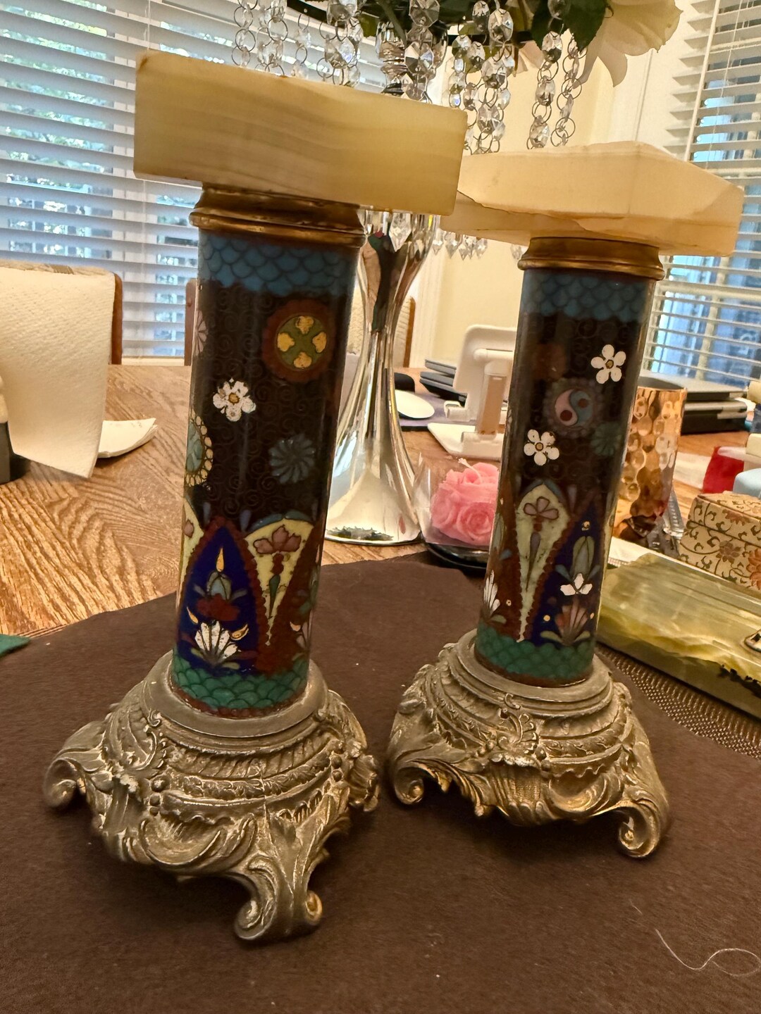 Pair of Antique Japanese Cloisonné Columns With Onyx Tops & Gilt Bases ...
