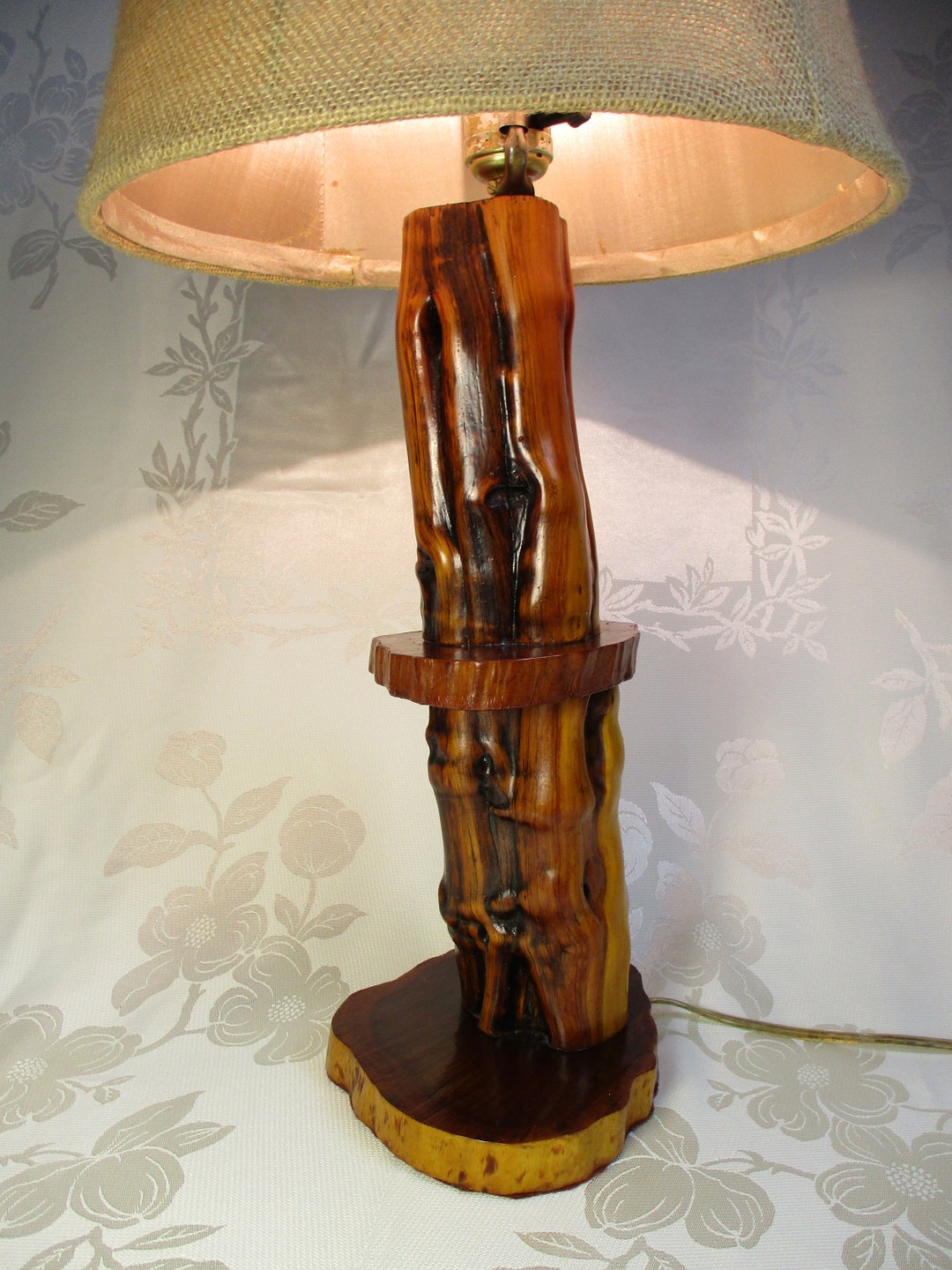Vintage 1960's Rustic Wooden Lamp With Burlap Lampshade; Lacquered ...