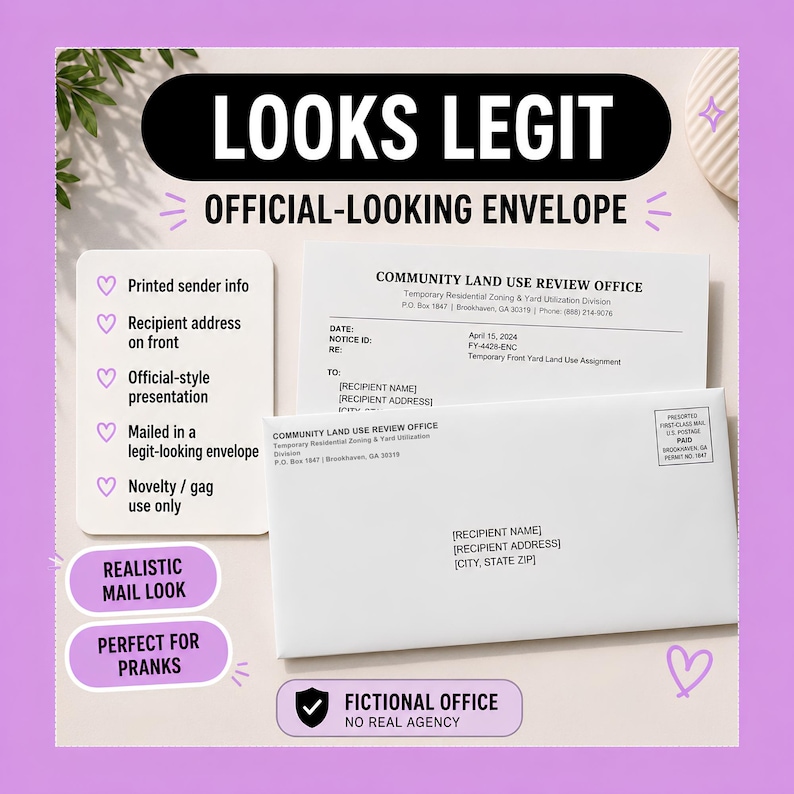 Funny Prank Letter, Gag Mail, Official Looking Fake Notice, Custom Joke ...