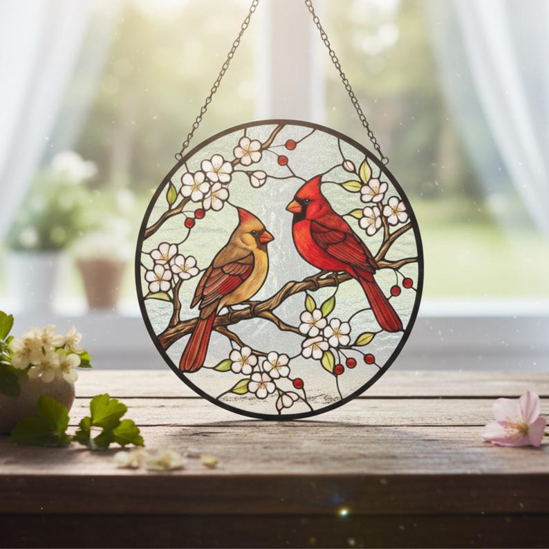 Colorful Bird Cardinal Stained Glass Suncatcher Bird Art Window Hanging ...
