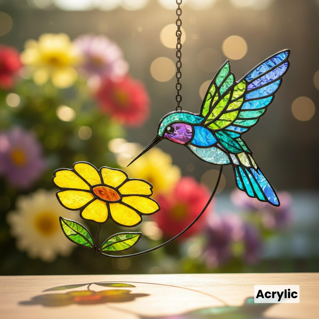 Colorful Bird Floral Acrylic Suncatcher Window Hanging Nature Inspired ...