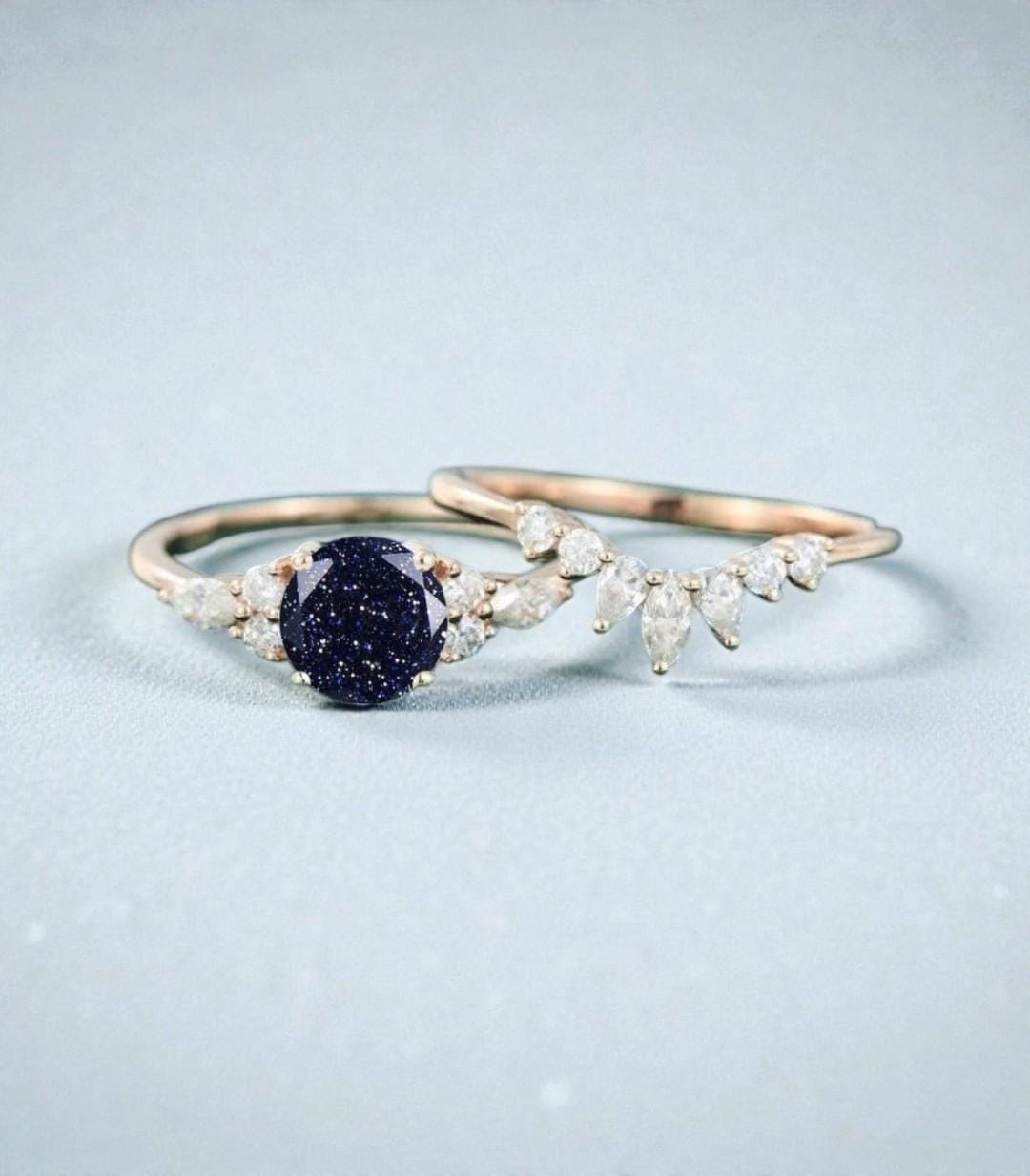 Natural Blue Sandstone Engagement Ring Set of 2pcs 14k Gold Ring Round ...