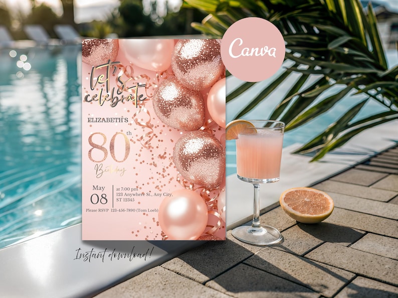Rose Gold Balloons Birthday Invitation Let’s Celebrate Elegant Women ...