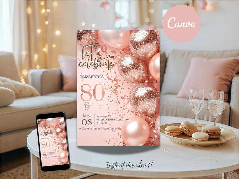 Rose Gold Balloons Birthday Invitation Let’s Celebrate Elegant Women ...