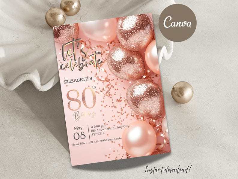 Rose Gold Balloons Birthday Invitation Let’s Celebrate Elegant Women ...