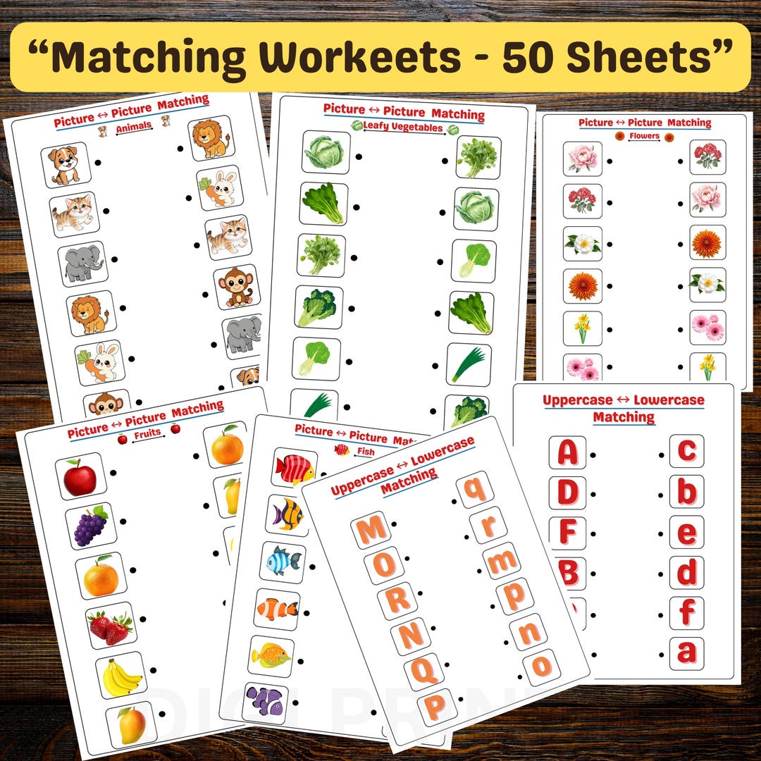 50 Printable Matching Worksheets Bundle | Kindergarten Preschool ...