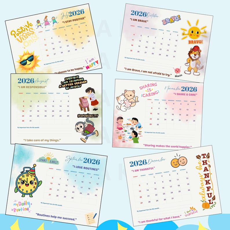 Kids Motivational Calendar 2026 Printable | Positive Affirmations ...