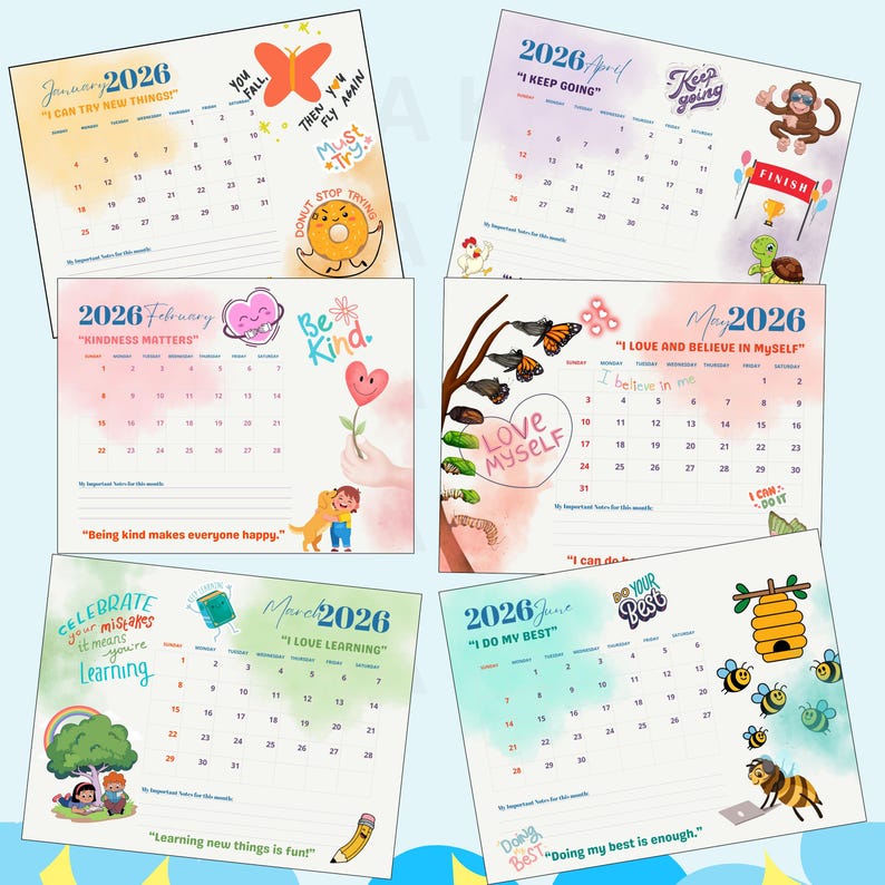 Kids Motivational Calendar 2026 Printable | Positive Affirmations ...