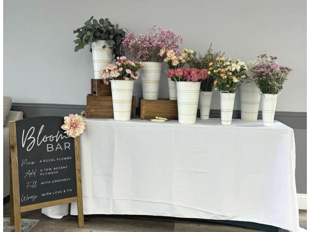 DIY Flower Bar Galvanized Buckets With Kraft Sleeves and Ribbon ...