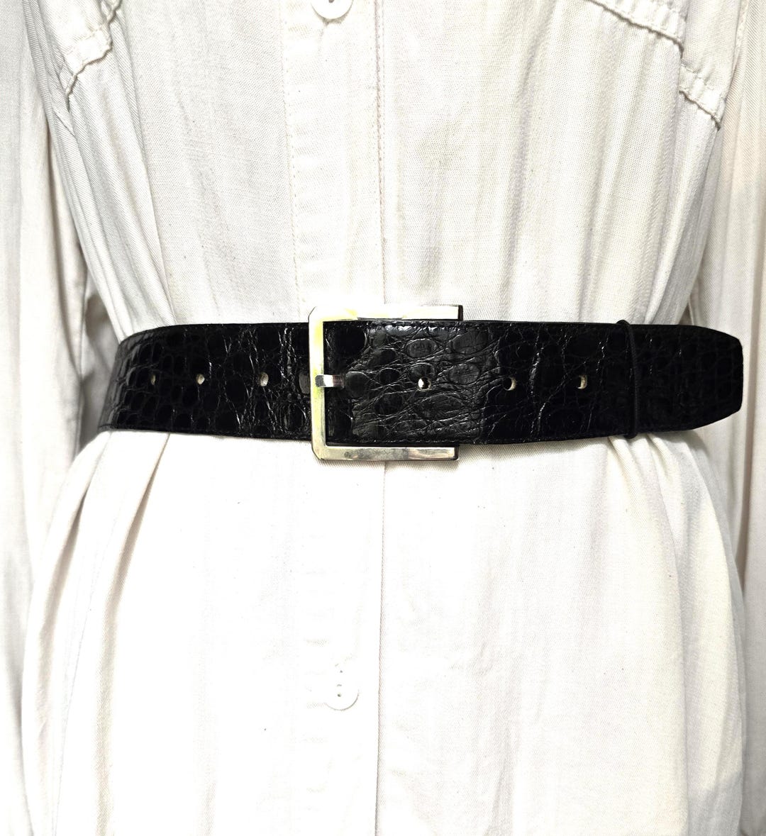 Black Patent Genuine Leather Croc-embossed Belt Silver Rectangular ...