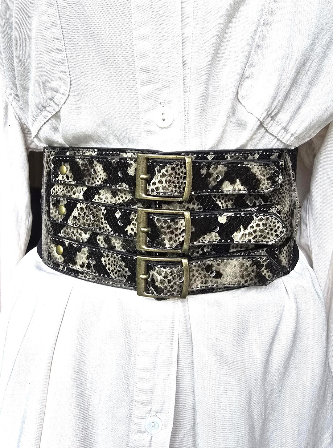 Vintage Extra Wide Snake Print Corset Belt - Gothic 3 Buckle Eco ...