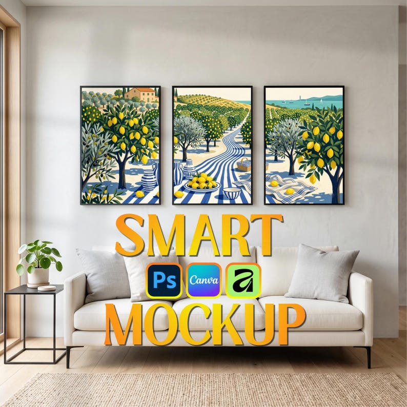 Bright Living Room Mock-up | Vertical Wall Art & Poster 3-frame Mockup ...