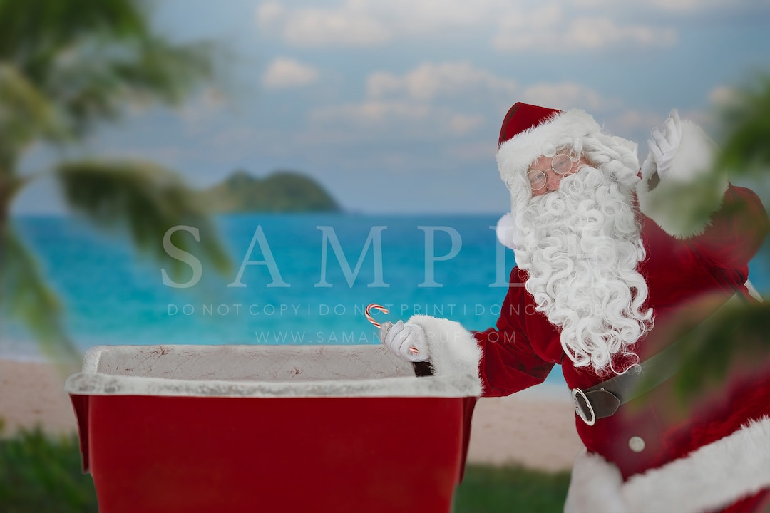 Beach Santa Digital Background I Christmas Santa on the Beach Backdrop ...