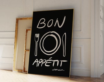 Kitchen Wall Art Bon Appetit Poster Mid Century Print French Quote ...