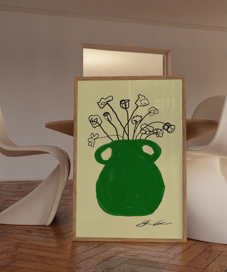 Green Vase Floral Poster Print: Retro Botanical Wall Art - Etsy