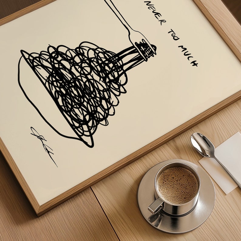 Never Too Much Spaghetti Poster: Retro Pasta Food Illustration for ...