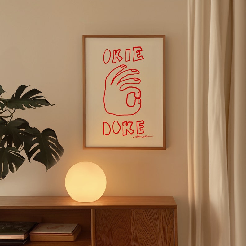 Okie Doke Print, Mid Century Modern Wall Art, Red Hand Typography ...