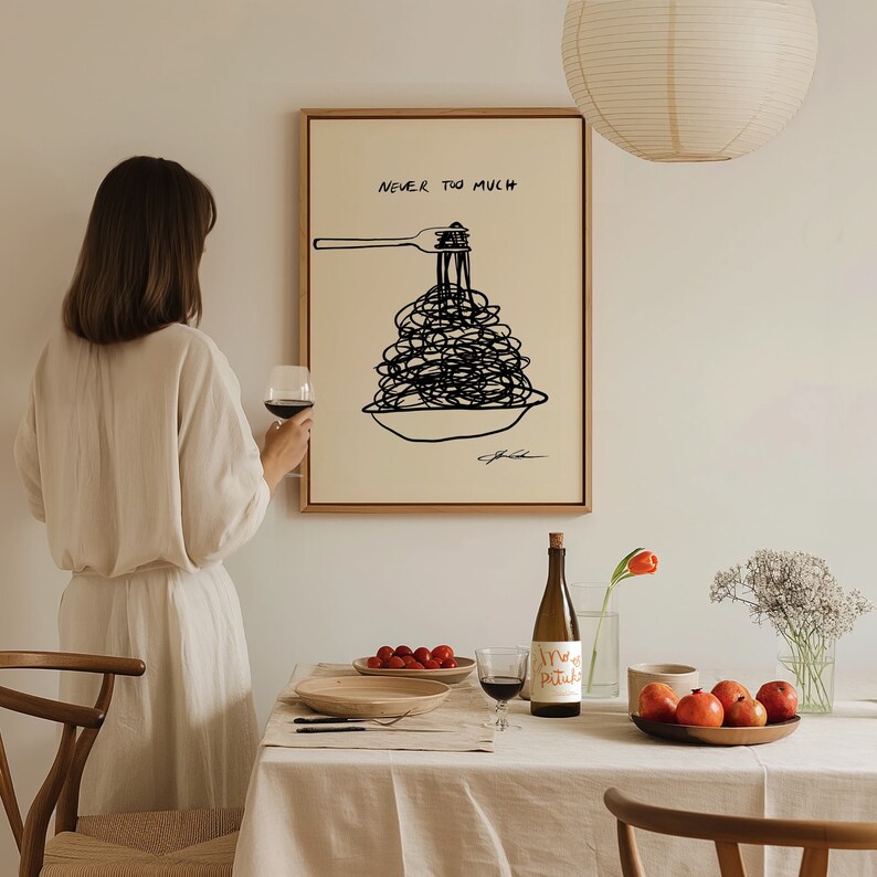 Never Too Much Spaghetti Poster: Retro Pasta Food Illustration for ...