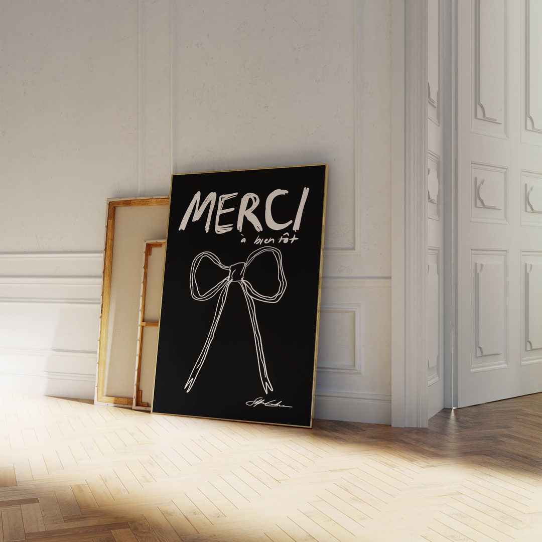 Merci Poster Typography Poster Bow Print Hand Sketch Art Mid Century ...