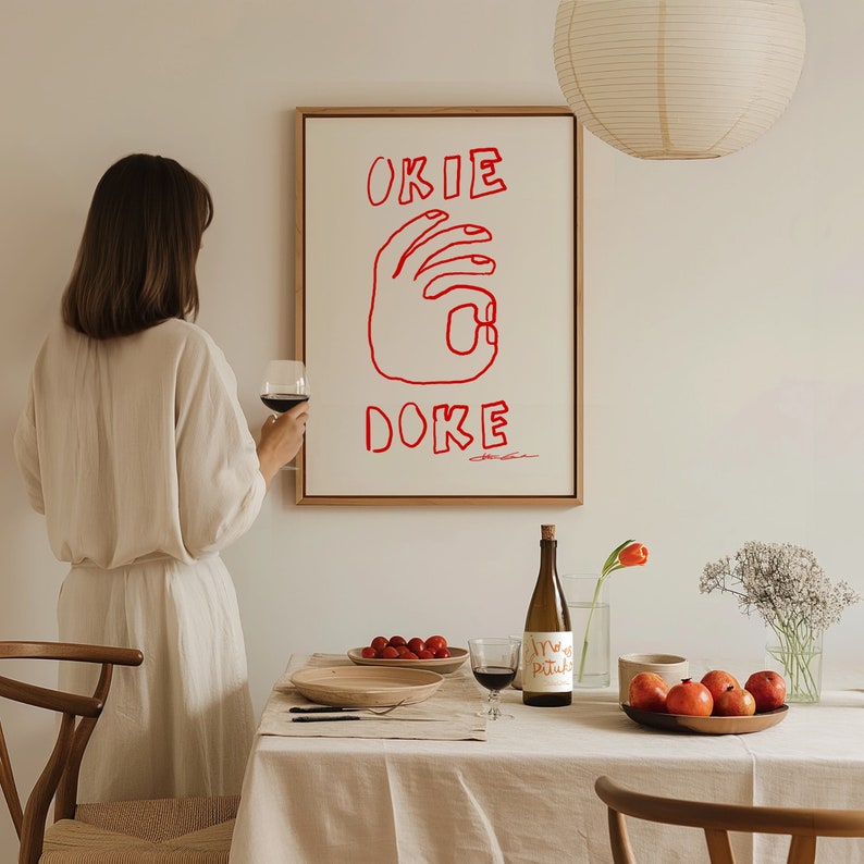 Okie Doke Print, Mid Century Modern Wall Art, Red Hand Typography ...