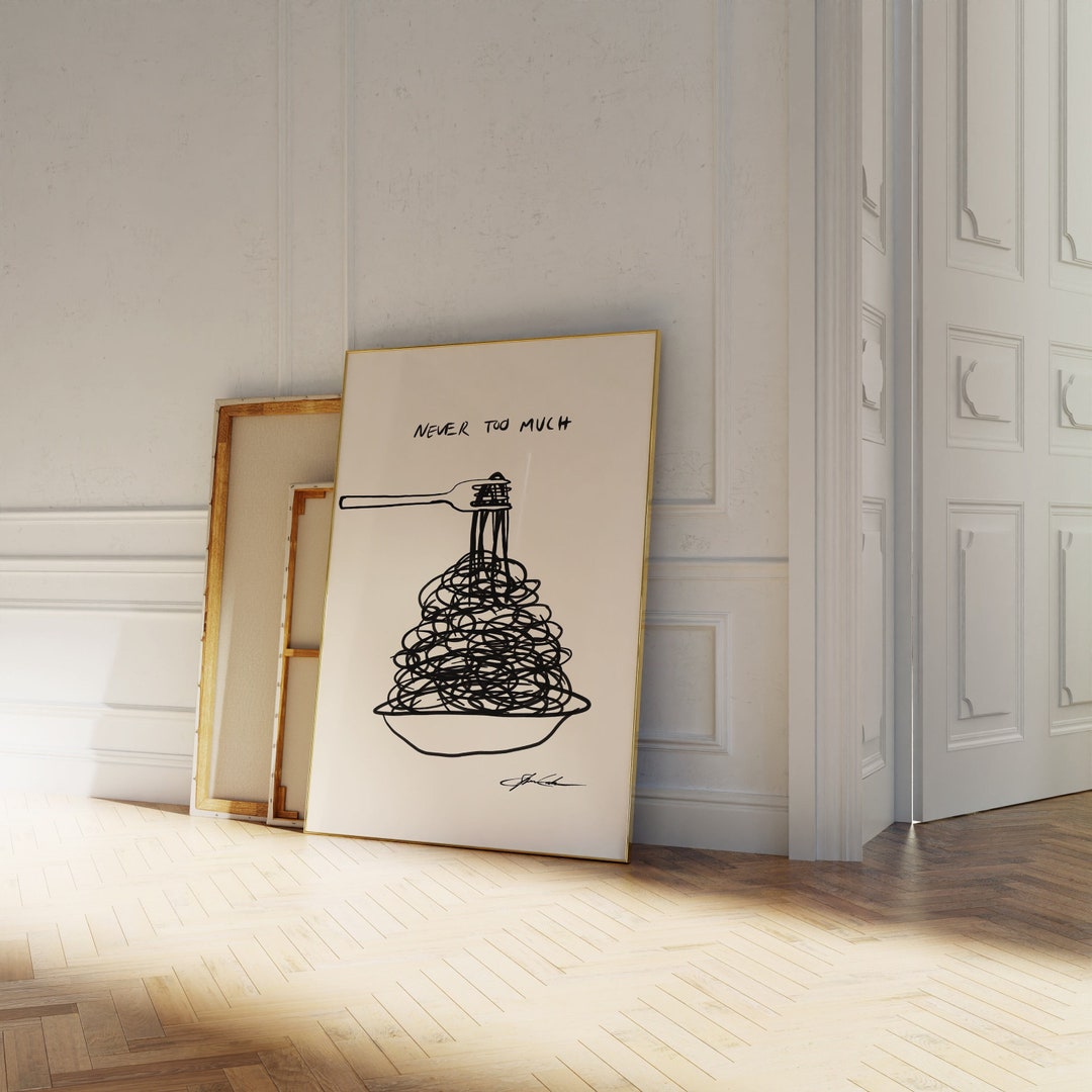 Never Too Much Spaghetti Sketch Poster Print : Retro Pasta Kitchen Food ...