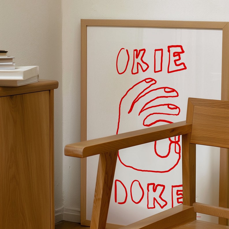 Okie Doke Print, Mid Century Modern Wall Art, Red Hand Typography ...