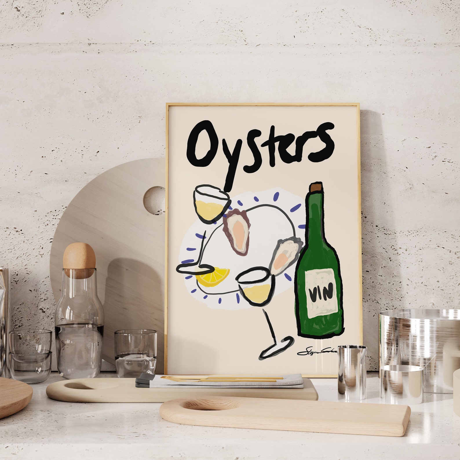 Oysters and Wine Poster Retro Drink Poster Seafood Poster Bar Cart ...