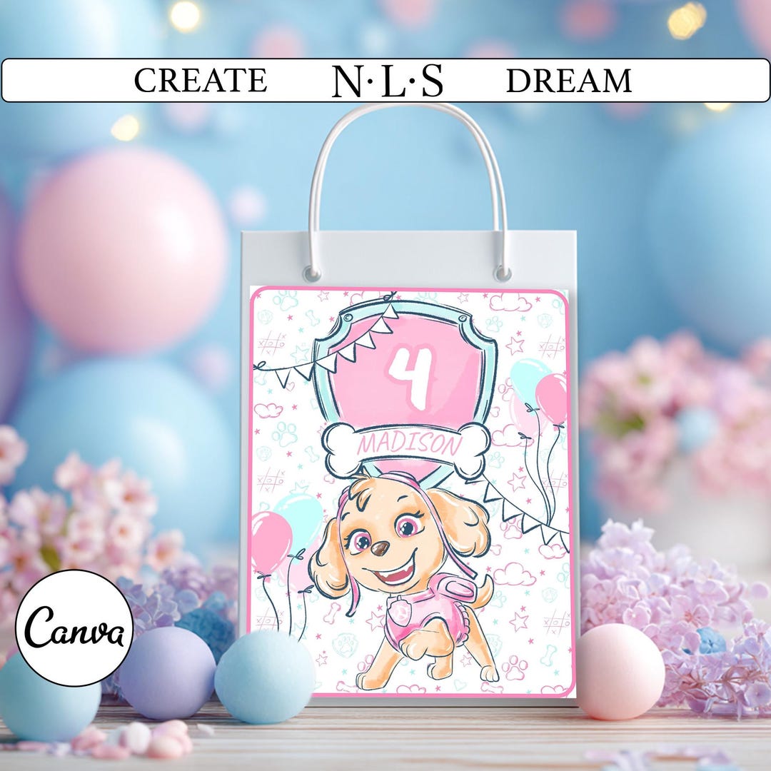 Paw Patrol Skye Favor Bag Labels | Editable Canva Template | Pink Puppy ...