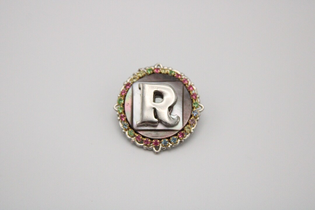 Initial Brooch Pin – Letter R, Rhinestones, Mother of Pearl Button - Etsy