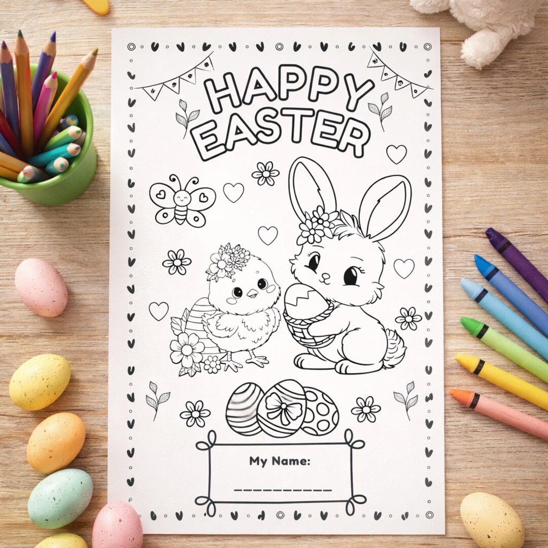 Easter Bunny Chick Coloring Page, Printable Kids Activity (digital ...