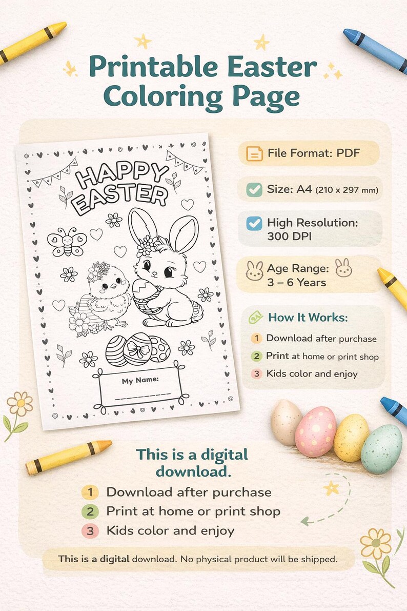 Easter Bunny Chick Coloring Page, Printable Kids Activity (digital ...
