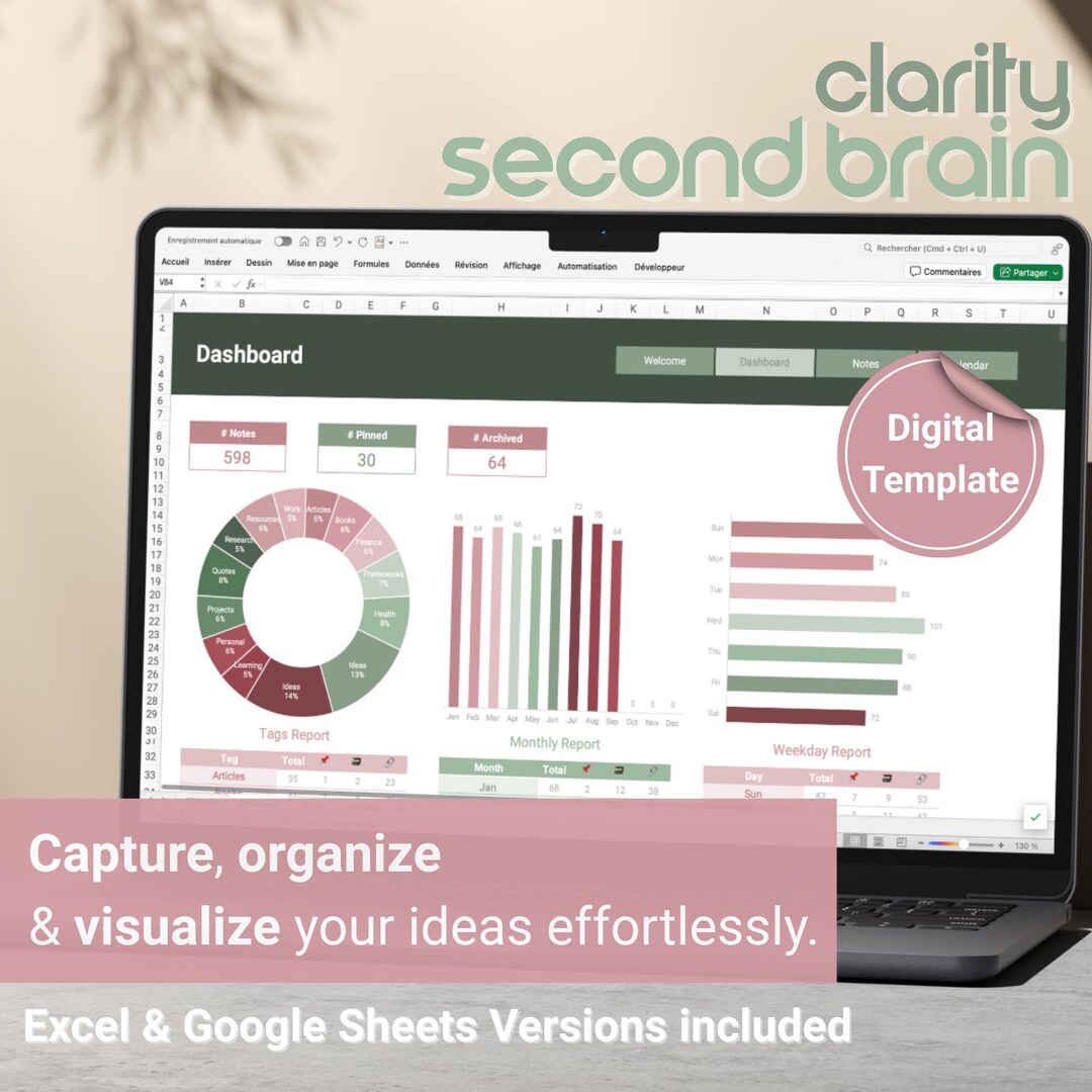 Clarity Second Brain | Excel & Google Sheets Template | Notes Organizer ...