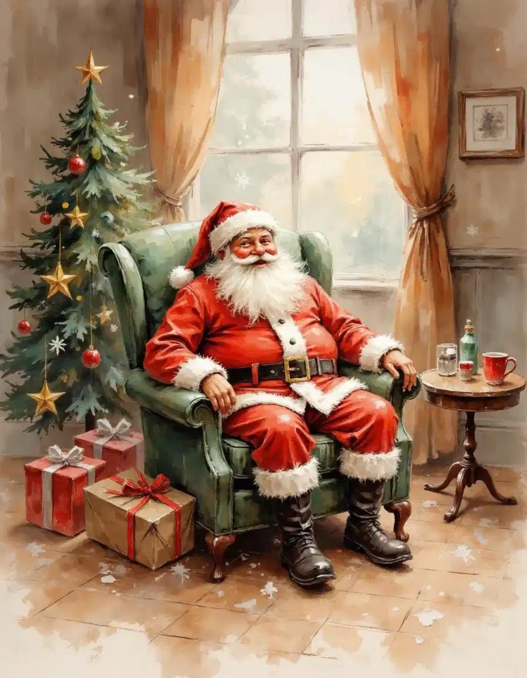 Vintage Santa Claus Watercolor Art Print | Holiday Home Decor (digital ...