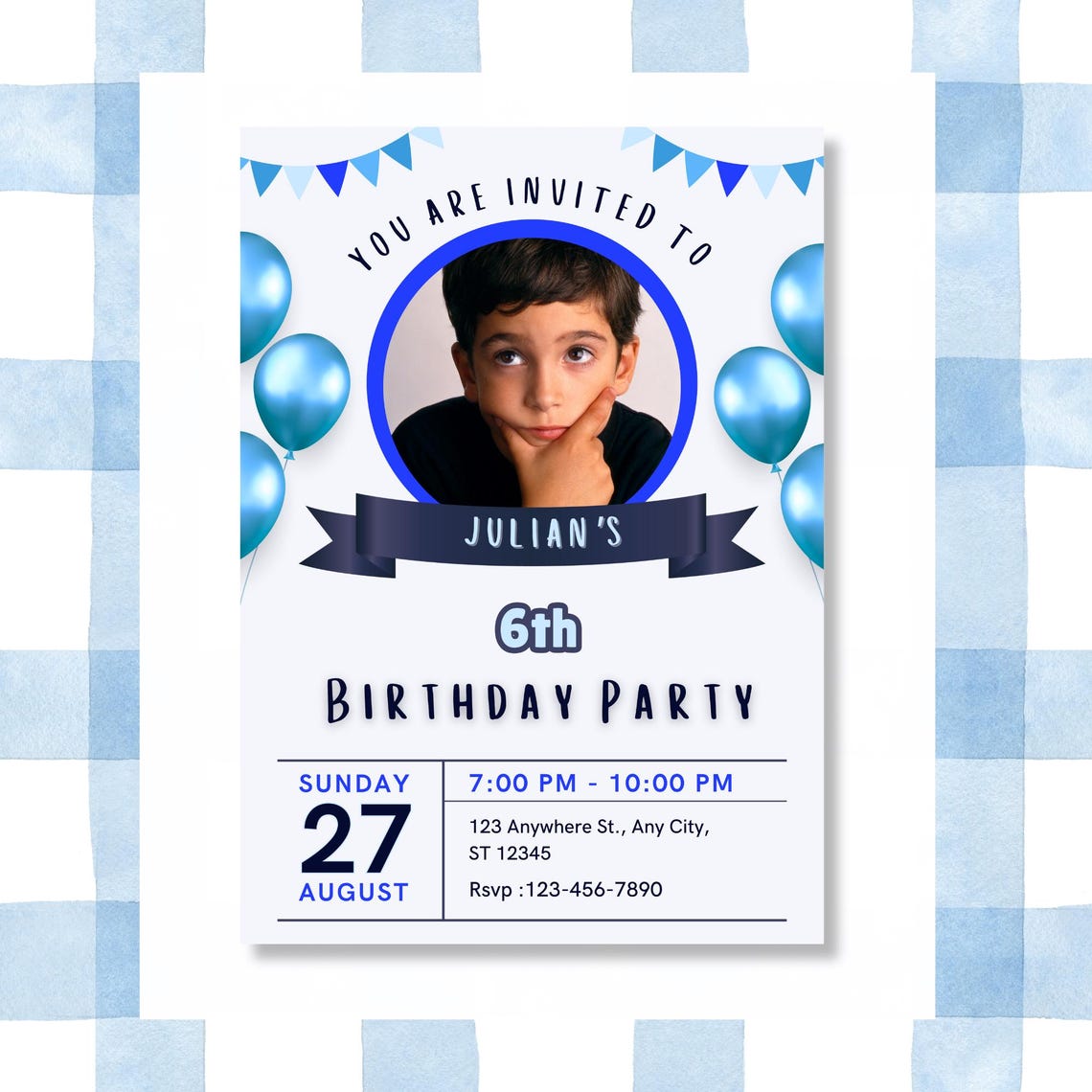 Blue Balloon Boys Birthday Invitation | Editable Canva Template ...
