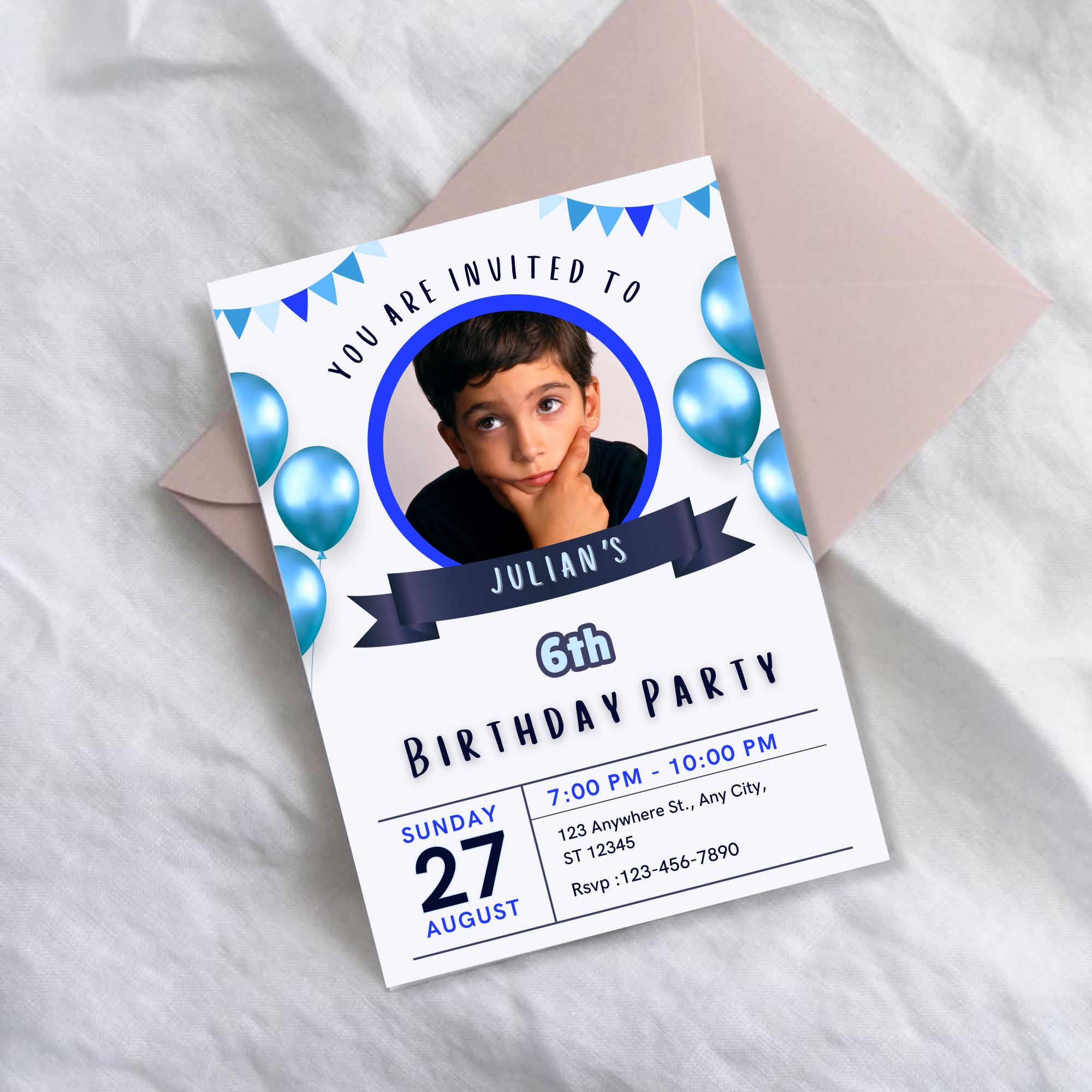 Blue Balloon Boys Birthday Invitation | Editable Canva Template ...