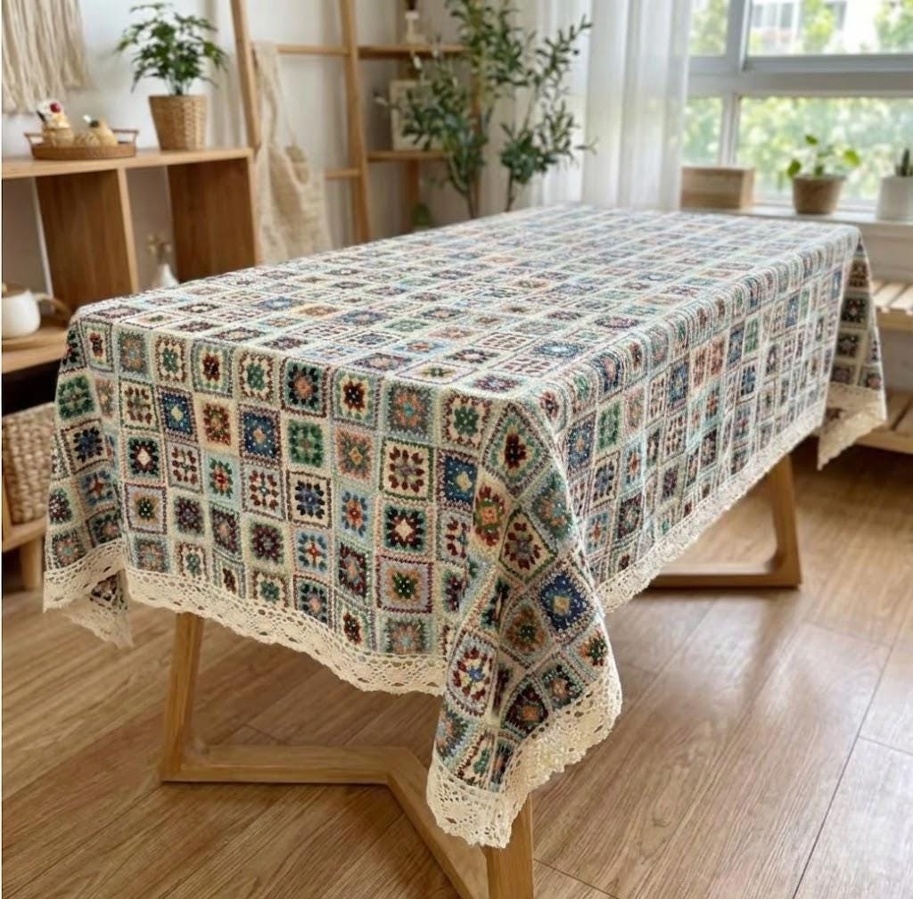 Boho Granny Square Tablecloth, Floral Lace Trim, Cottagecore Decor - Etsy