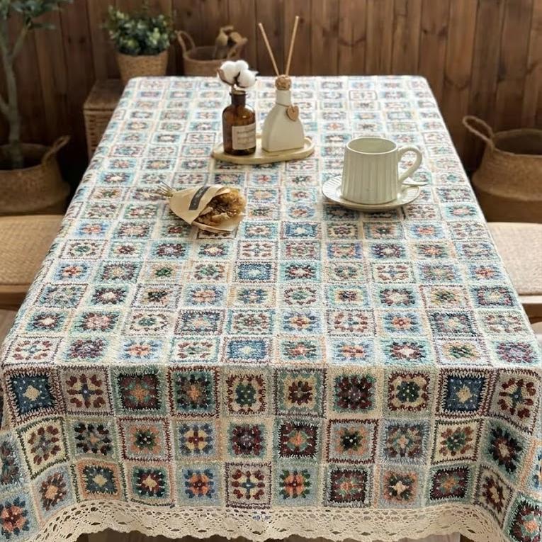 Boho Granny Square Tablecloth, Floral Lace Trim, Cottagecore Decor - Etsy