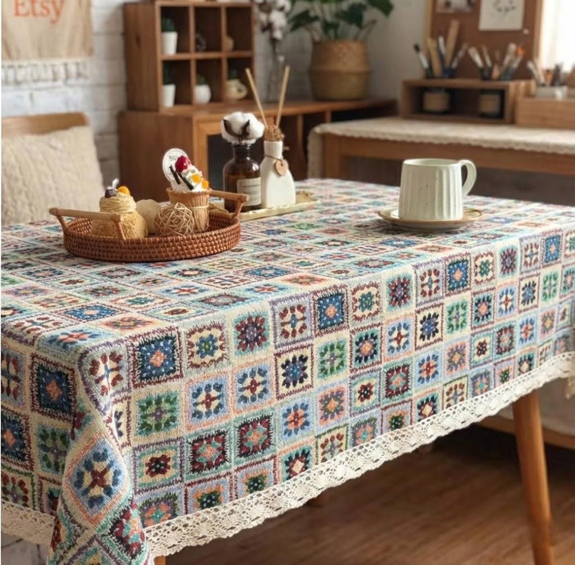 Boho Granny Square Tablecloth, Floral Lace Trim, Cottagecore Decor - Etsy