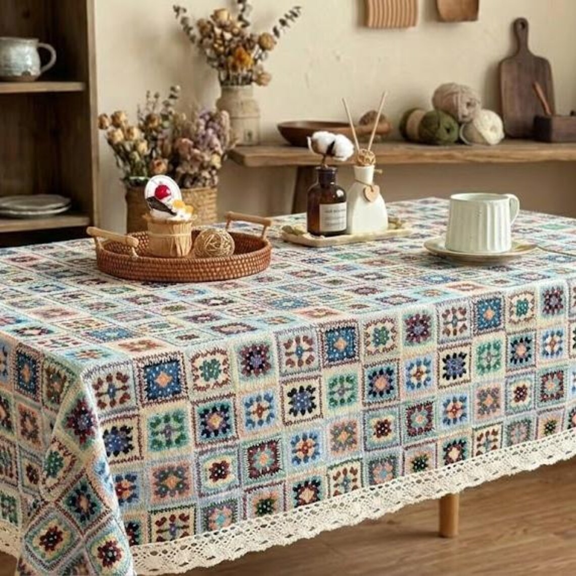 Boho Granny Square Tablecloth, Floral Lace Trim, Cottagecore Decor - Etsy