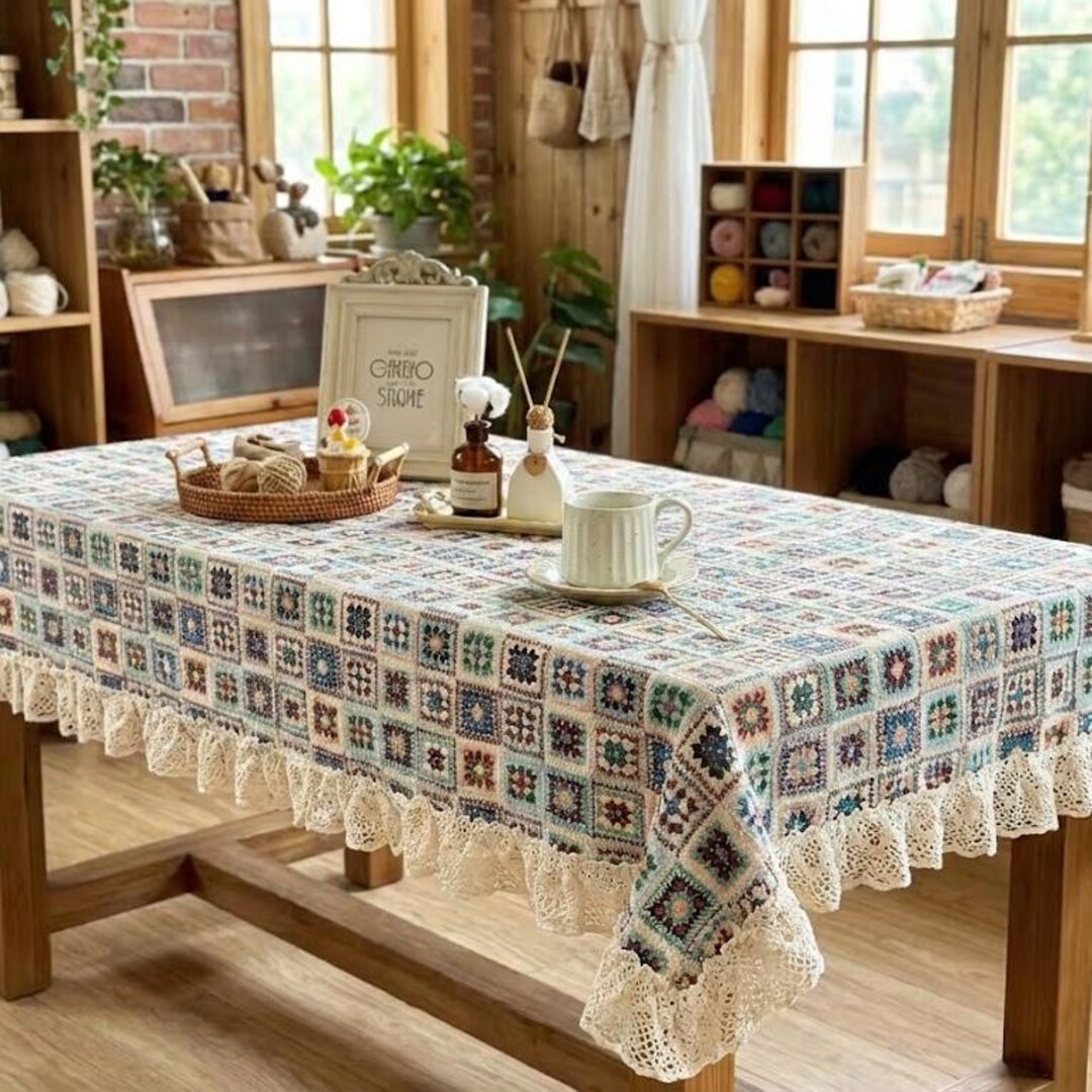 Floral Granny Square Crochet Tablecloth With Lace Trim, Boho Dining ...