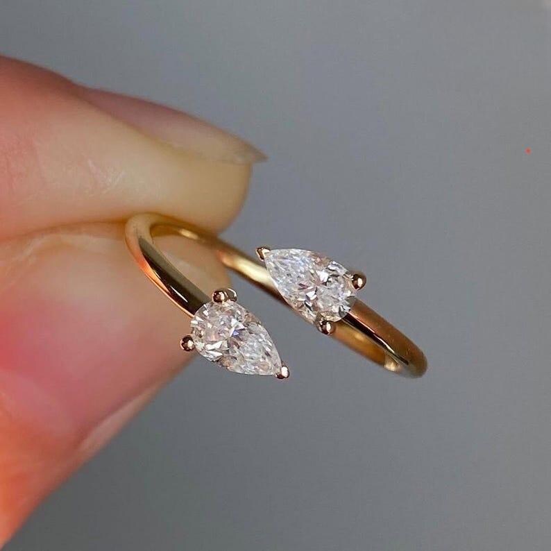 Open Cuff Wedding Band, Pear Cut Colorless Moissanite Engagement Ring ...