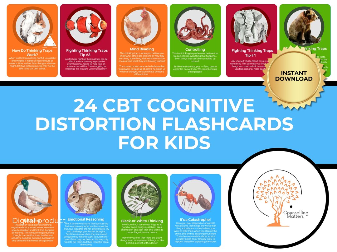 CBT Cognitive Distortion Flashcards for Kids | Thinking Traps and ...