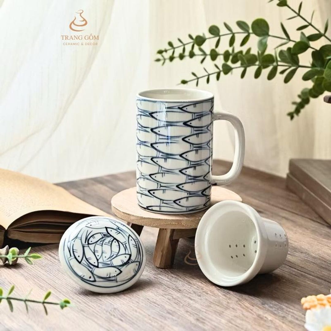 Mug With Strainer – Tall Tea Mug With Lid, Hand-painted Fish Pattern ...