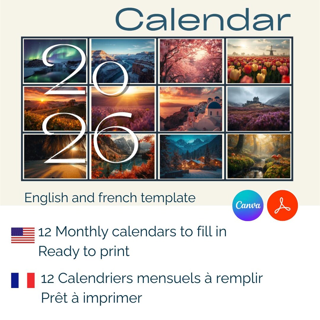 Printable Outdoors Calendar 2026 - Canva Editable Nature Wall Calendar ...