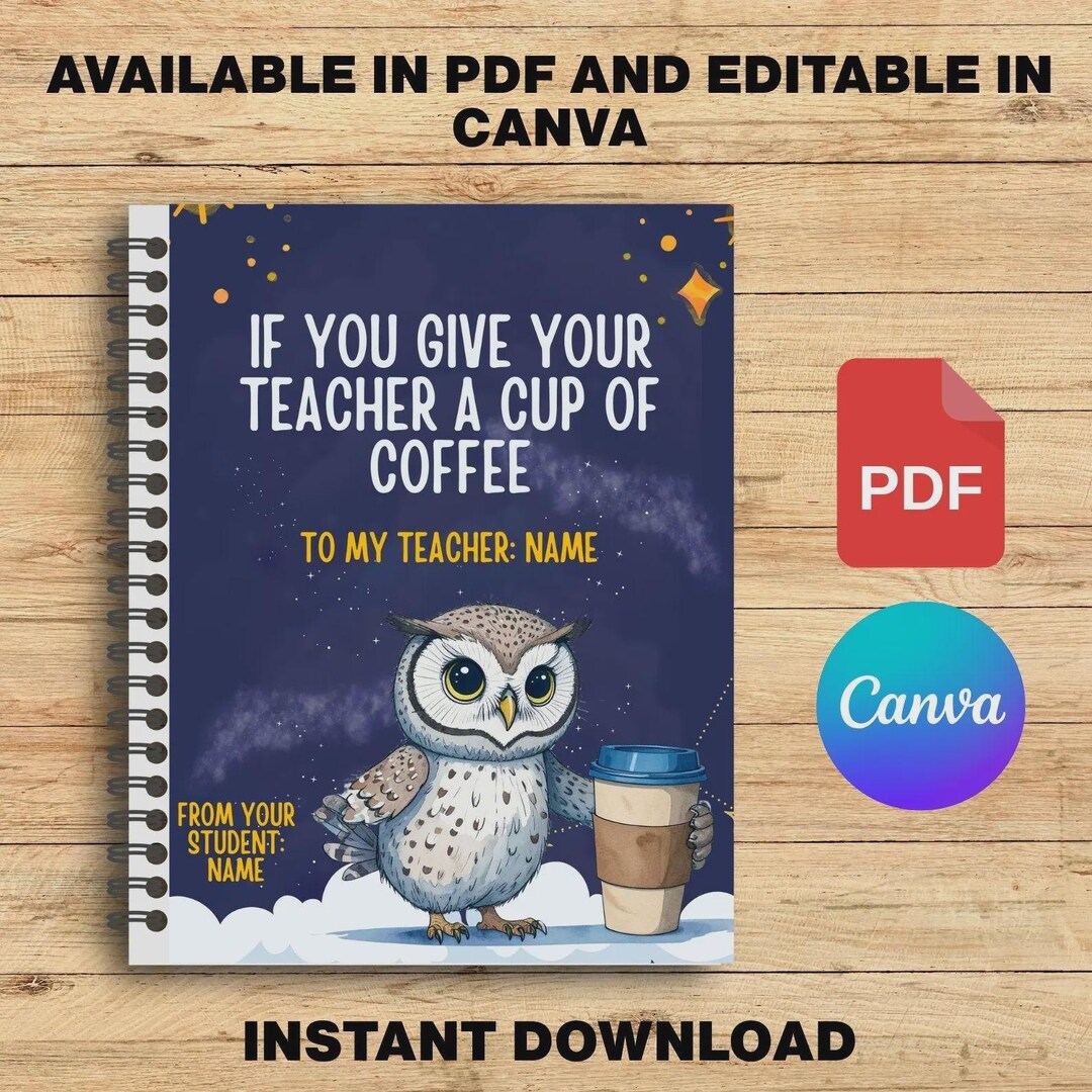 Teacher Appreciation Book Template, Owl Coffee Design (editable Canva ...