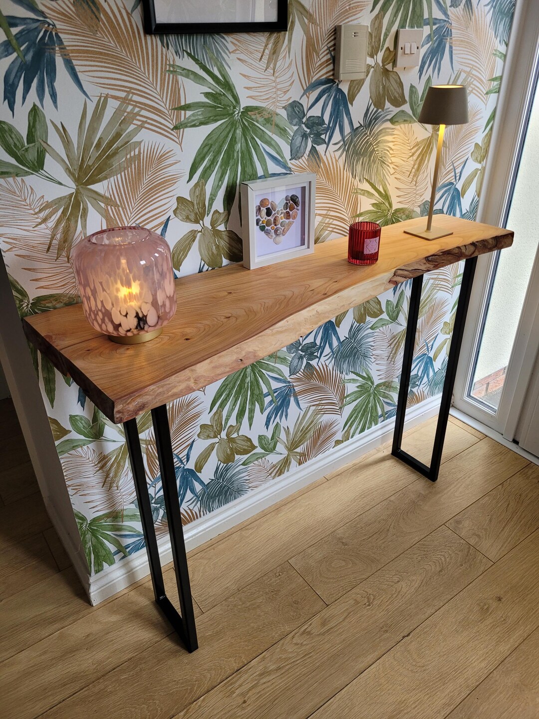 Waney Edge Elm Wood Console Table Mounted on Rectangular Black Metal ...