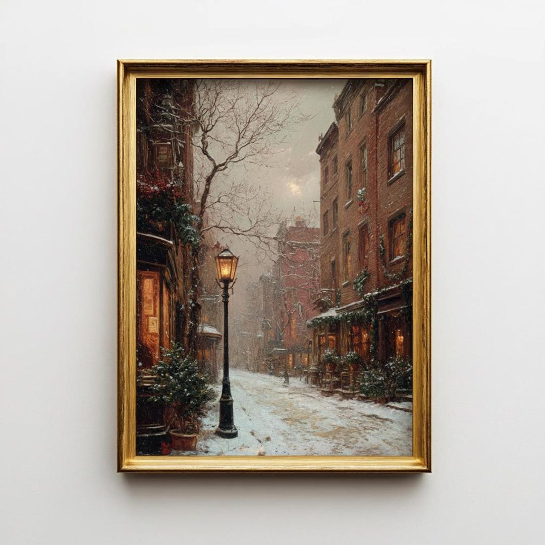 Snowy City Street Lamp Post Print Winter Holiday Town Decor Christmas ...